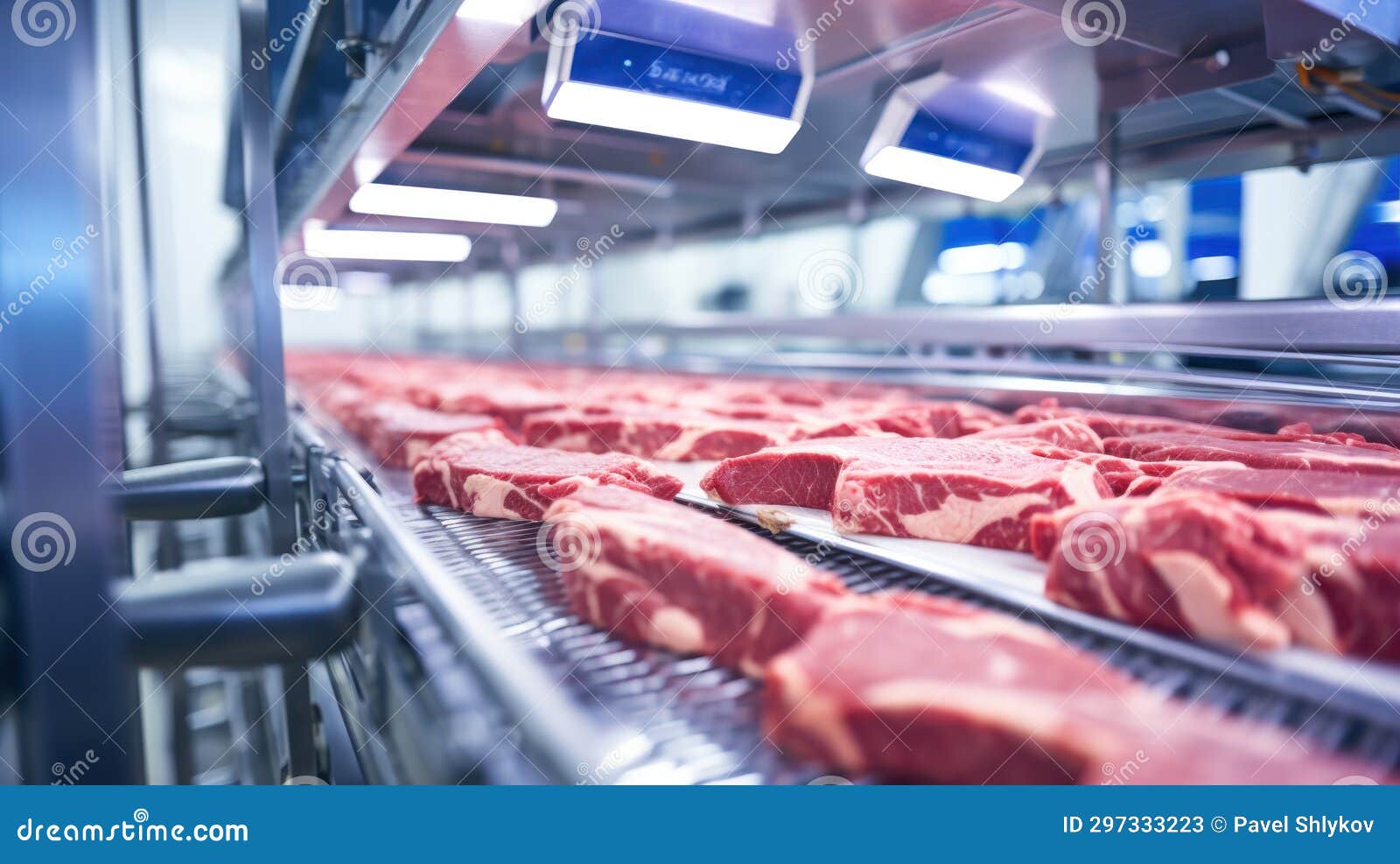 Several Chunks of Raw Meat Being Processed Packaged and Shipped. Stock ...