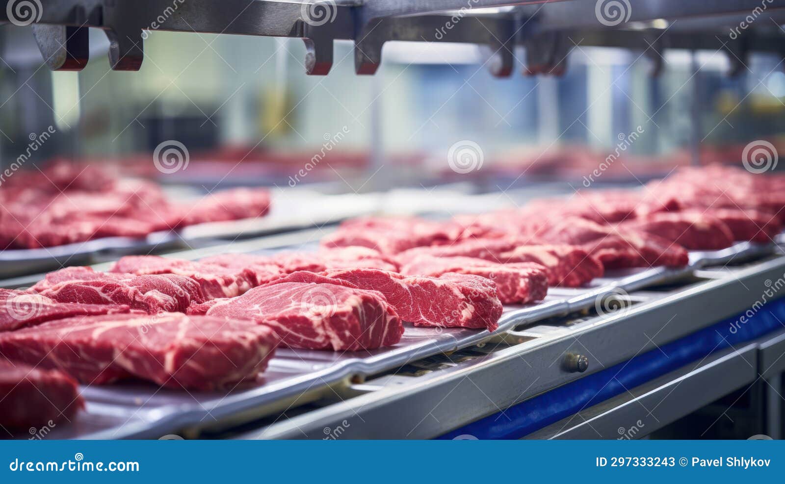 Several Chunks of Raw Meat Being Processed Packaged and Shipped. Stock ...