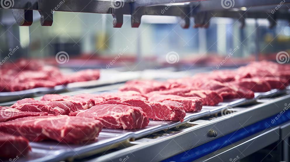 Several Chunks of Raw Meat Being Processed Packaged and Shipped. Stock ...