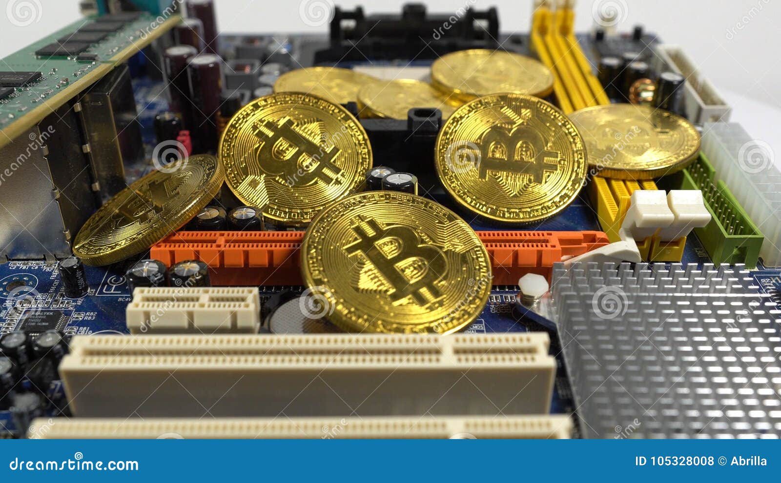 Several Coins of Bitcoins and a Strip of Electronic Memory on a Light ...