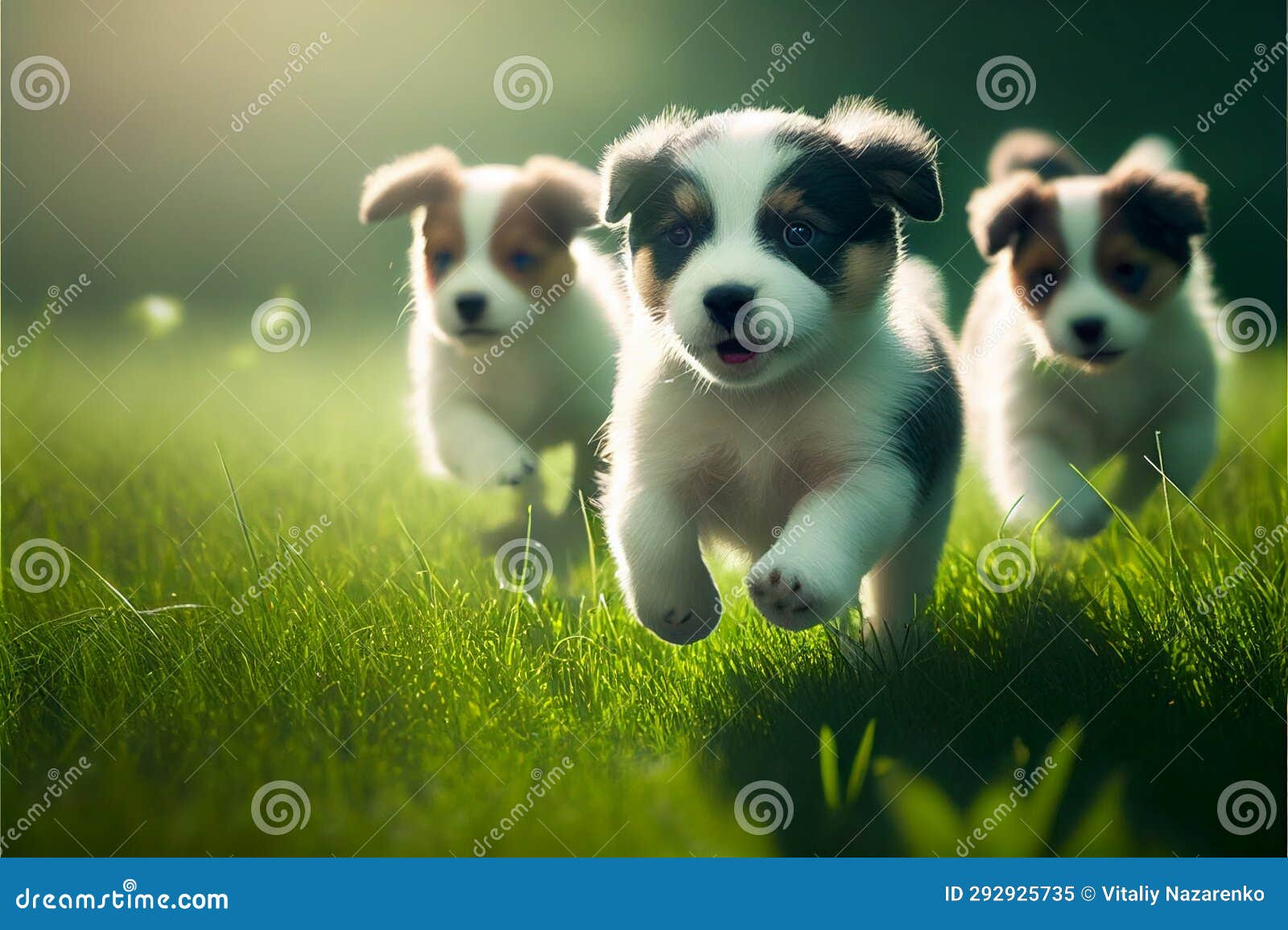 Several Cute Puppies Run on the Green Grass. AI Generated. Stock Image ...