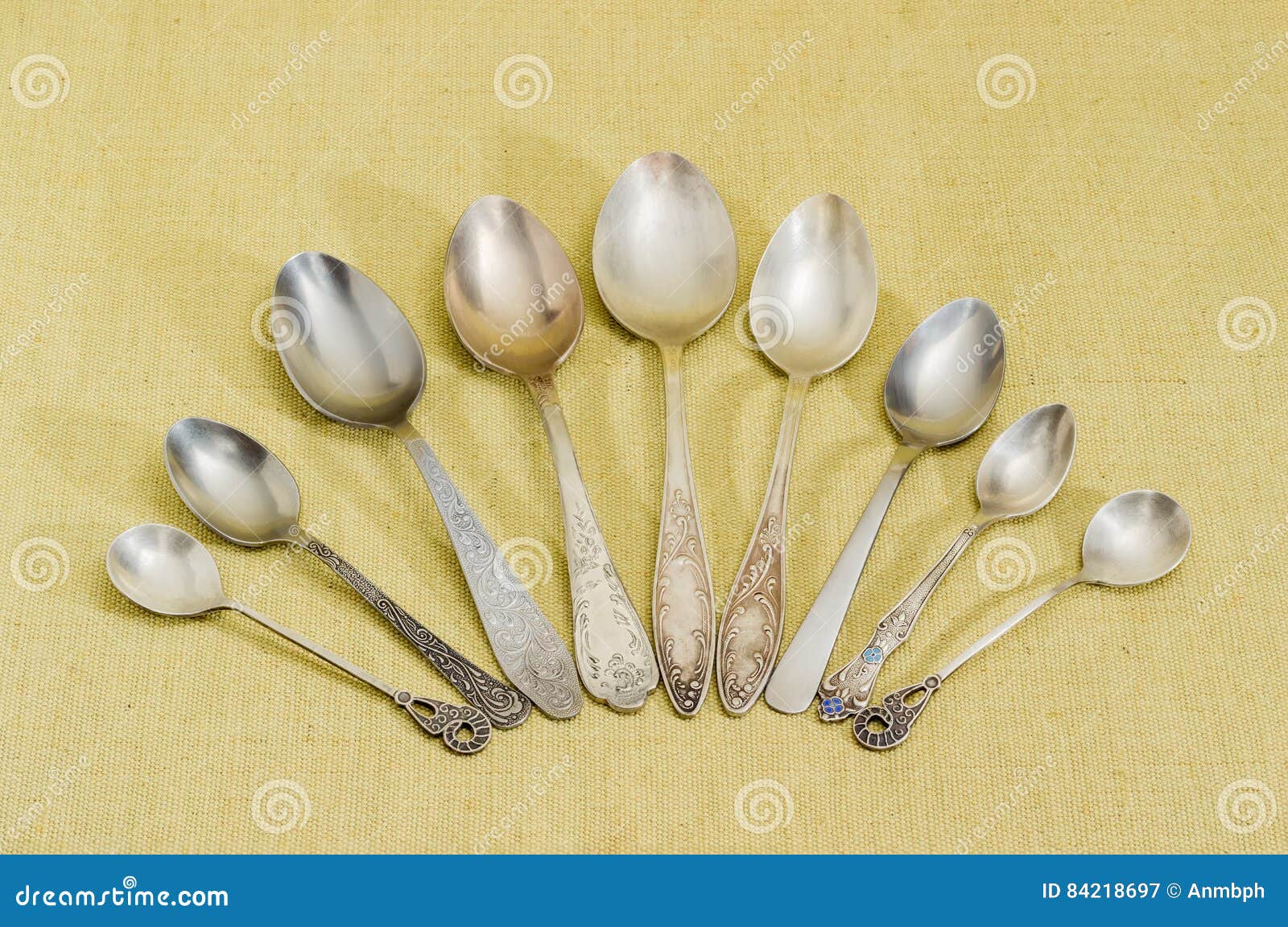 Several Different Old Spoons on Cloth Stock Image - Image of setting ...