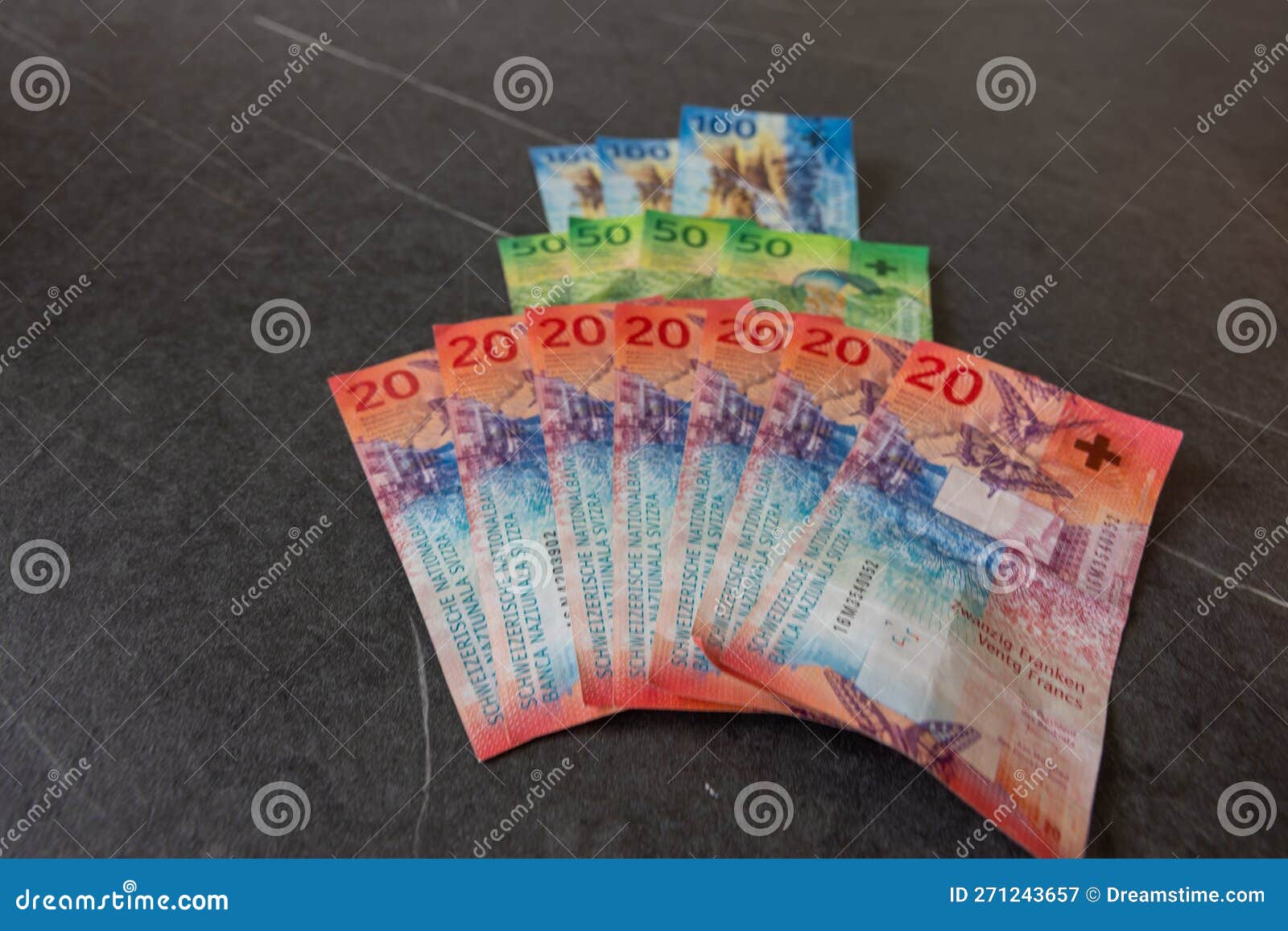 Several Different Swiss Banknotes Nicely Sorted on a Gray Table with ...