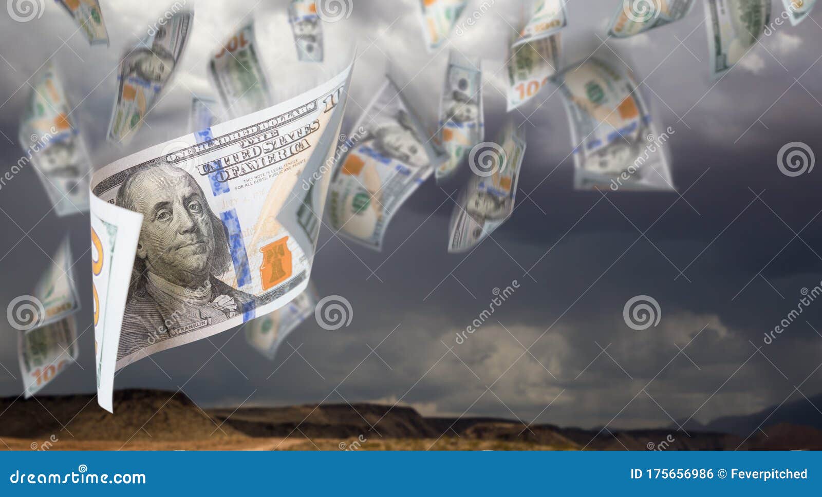 Several 100 Dollar Bills Falling from Stormy Cloudy Sky Stock Photo ...