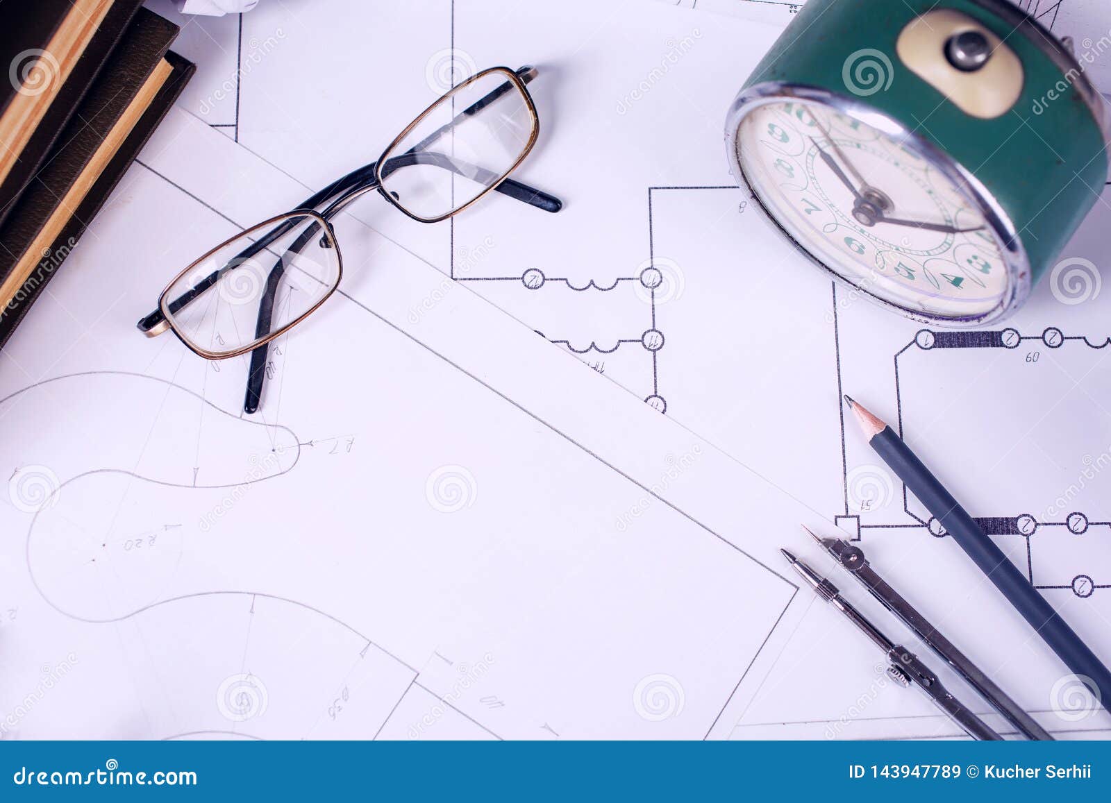 Several Drawings and Tools for Drawing on the Table in the Engineer ...