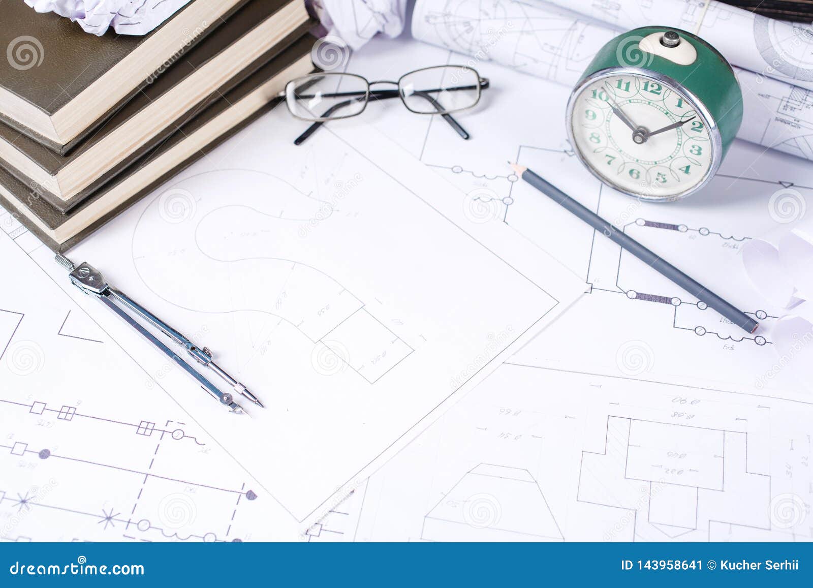 Several Drawings and Tools for Drawing on the Table in the Engineer ...