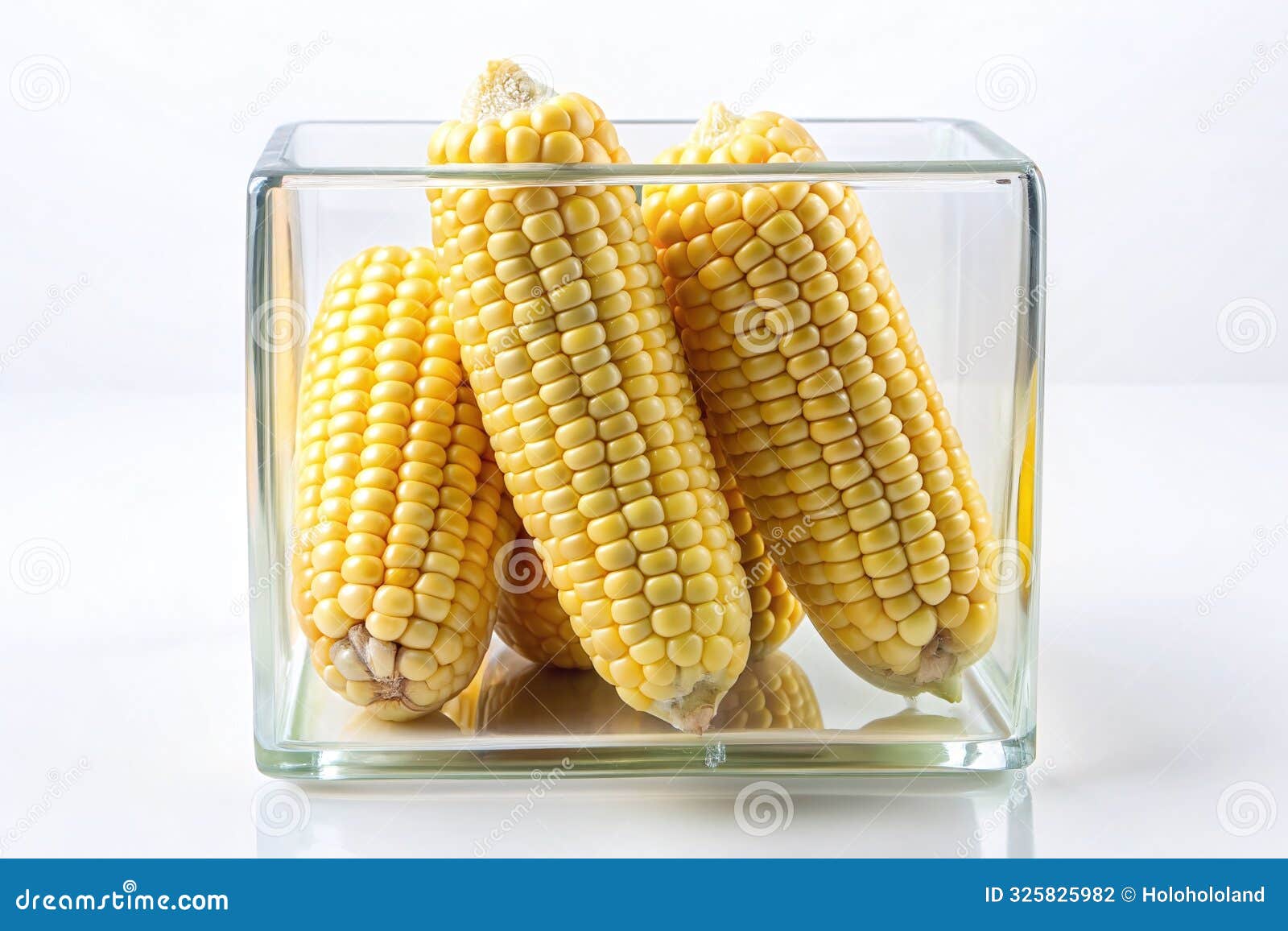 Several Ears of Corn in a Clear Glass Cube on Isolated White Background ...