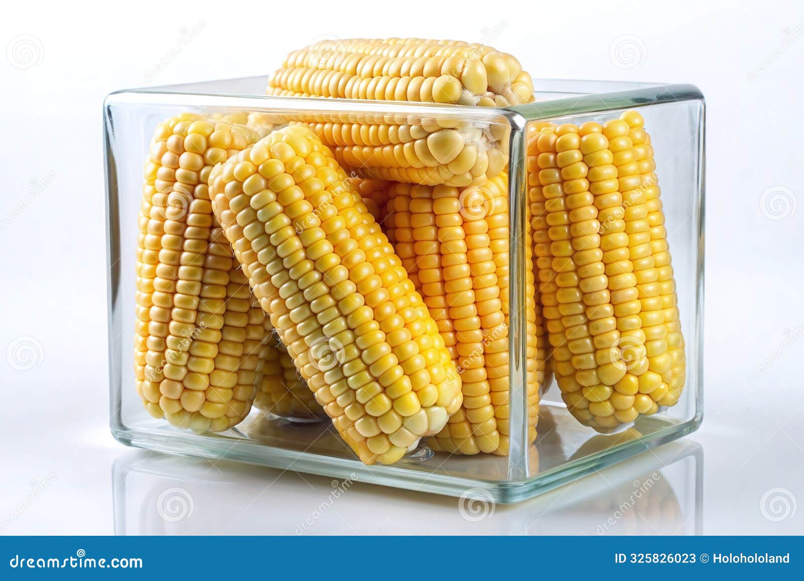 Several Ears of Corn in a Clear Glass Cube on Isolated White Background ...