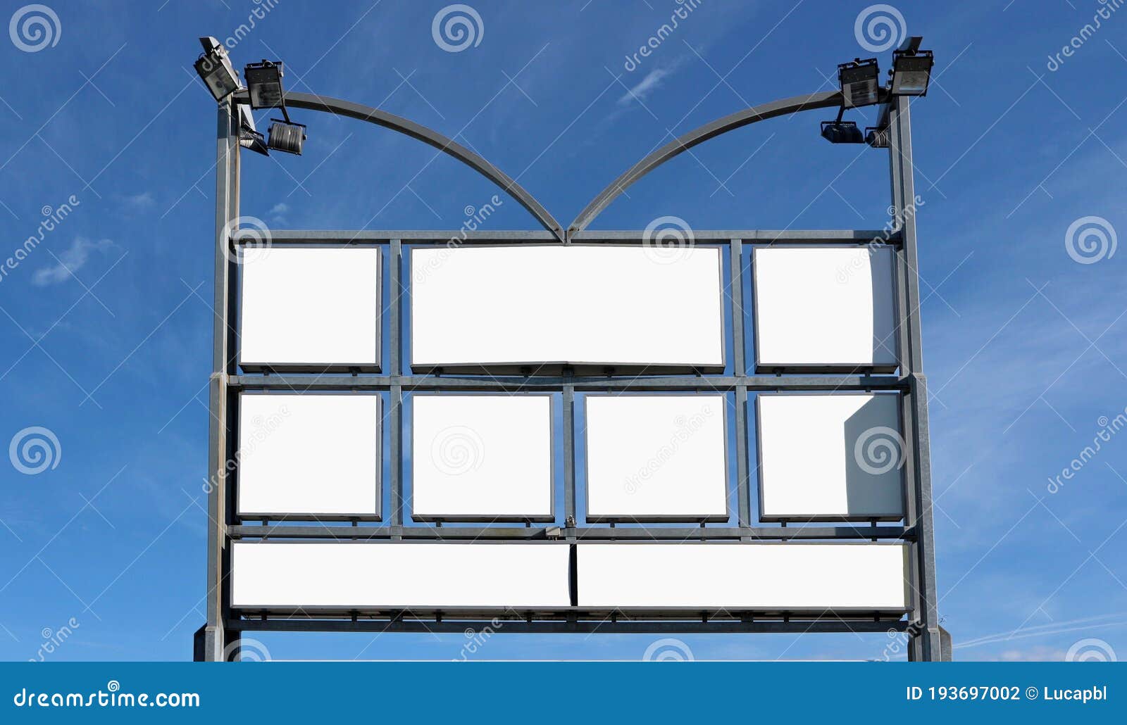 Several Empty Billboards in a Metallic Frame. Small Spotlights on Top ...