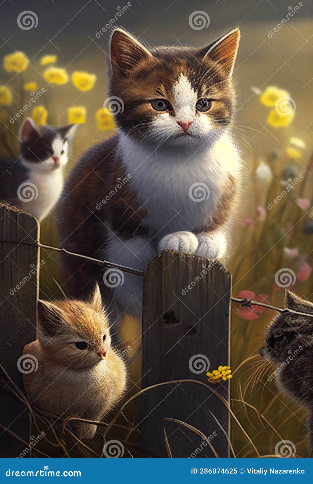 Farm Cats Resting On Wooden Bench With Red Barn And Crops In Background ...