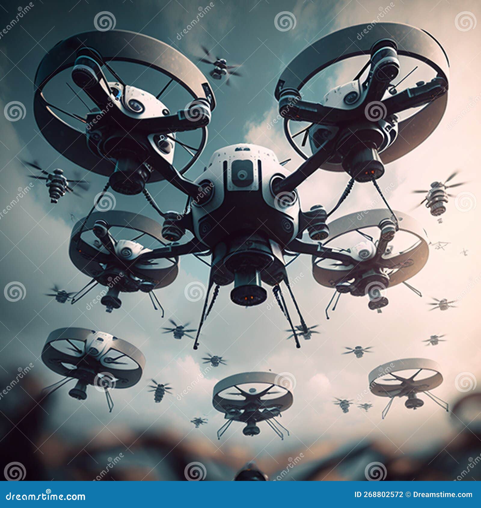 Several Flying Drones View from the Ground Stock Illustration ...
