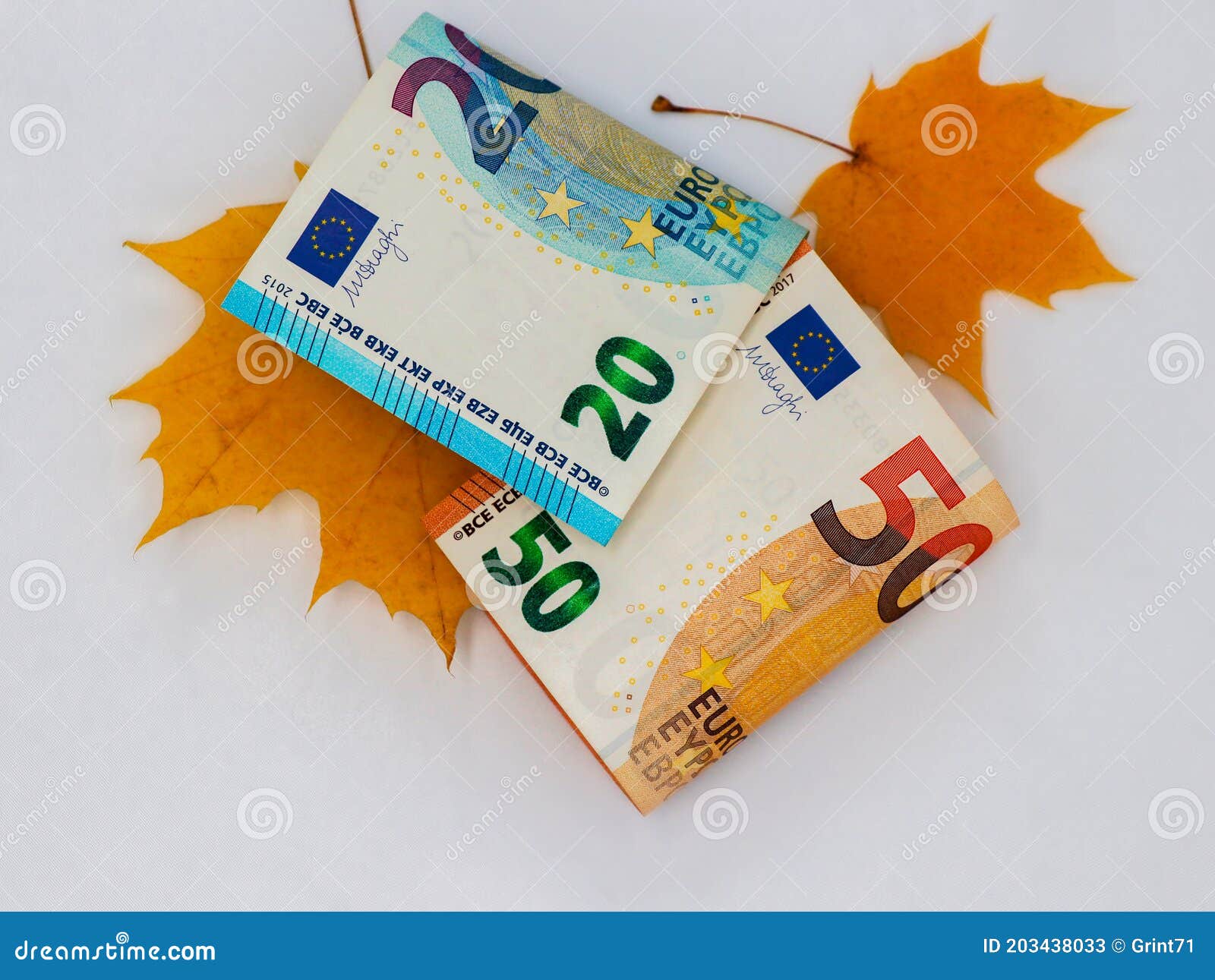 Several Folded Banknotes of 50 and 20 Euros and an Autumn Maple Leaf on ...