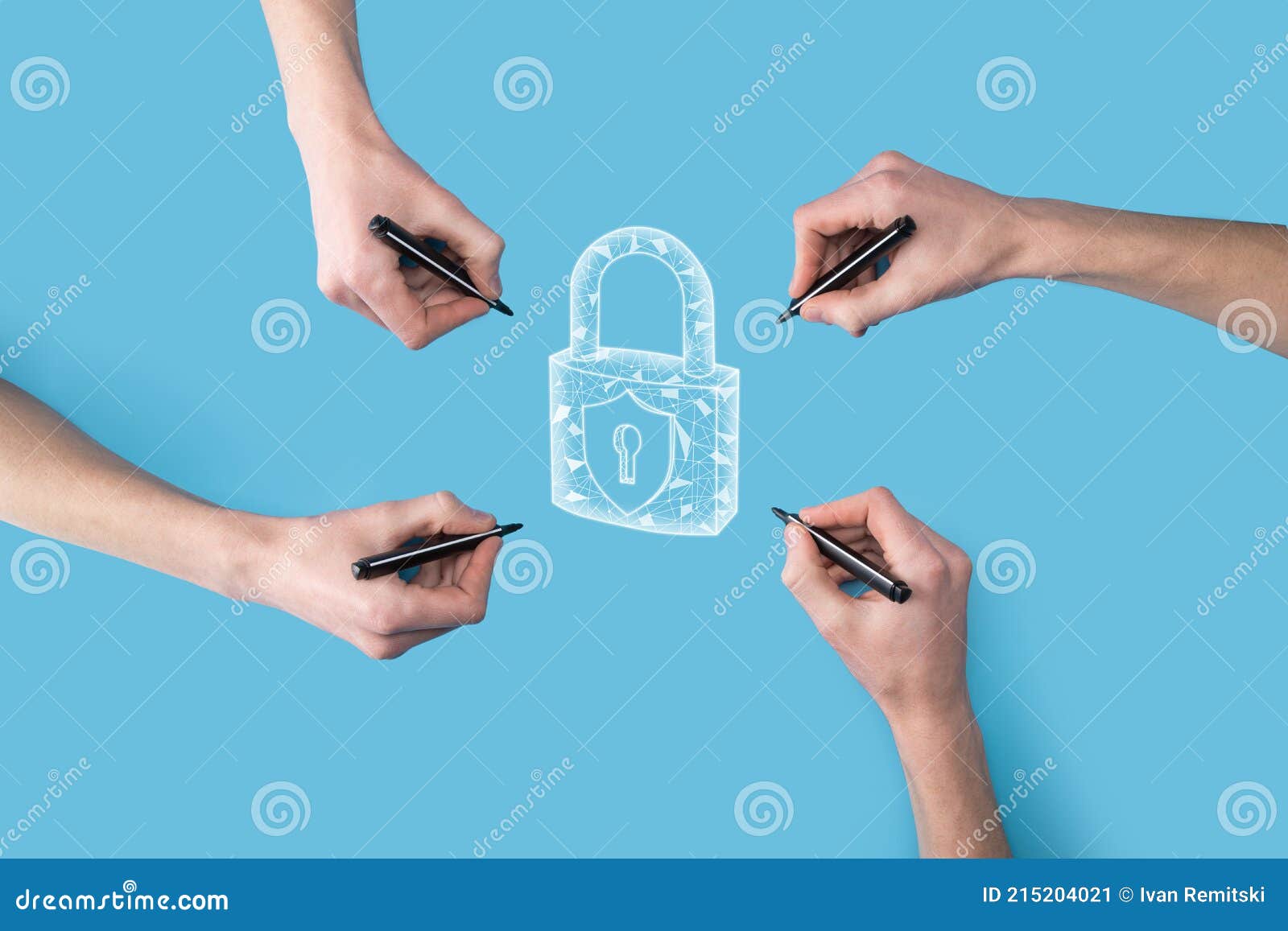 Several, Four Hands Draw a Padlock Icon with a Marker.Cyber Security ...