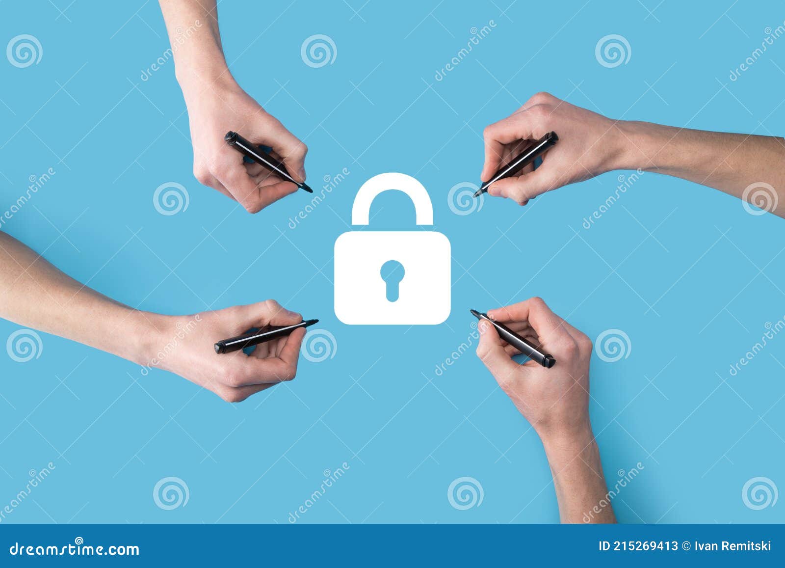 Several, Four Hands Draw a Padlock Icon with a Marker.Cyber Security ...