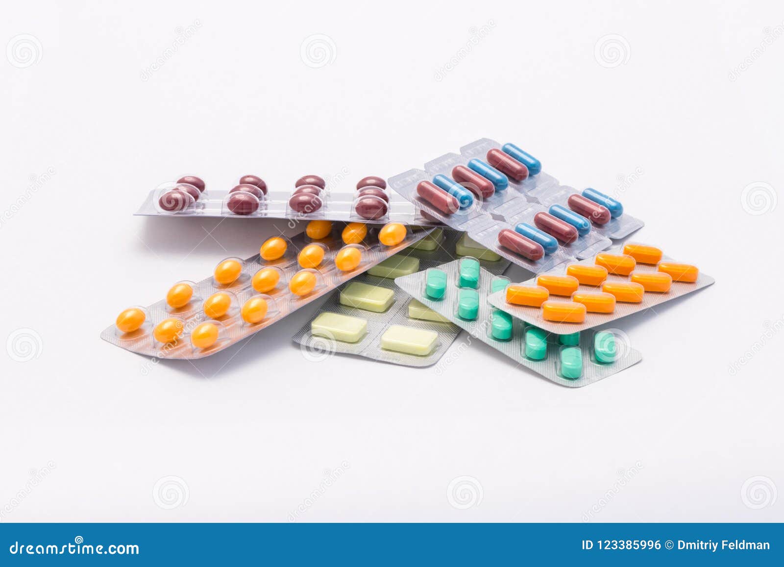 Several Full Sealed Packages with Tablets and Pills of Different Colors ...