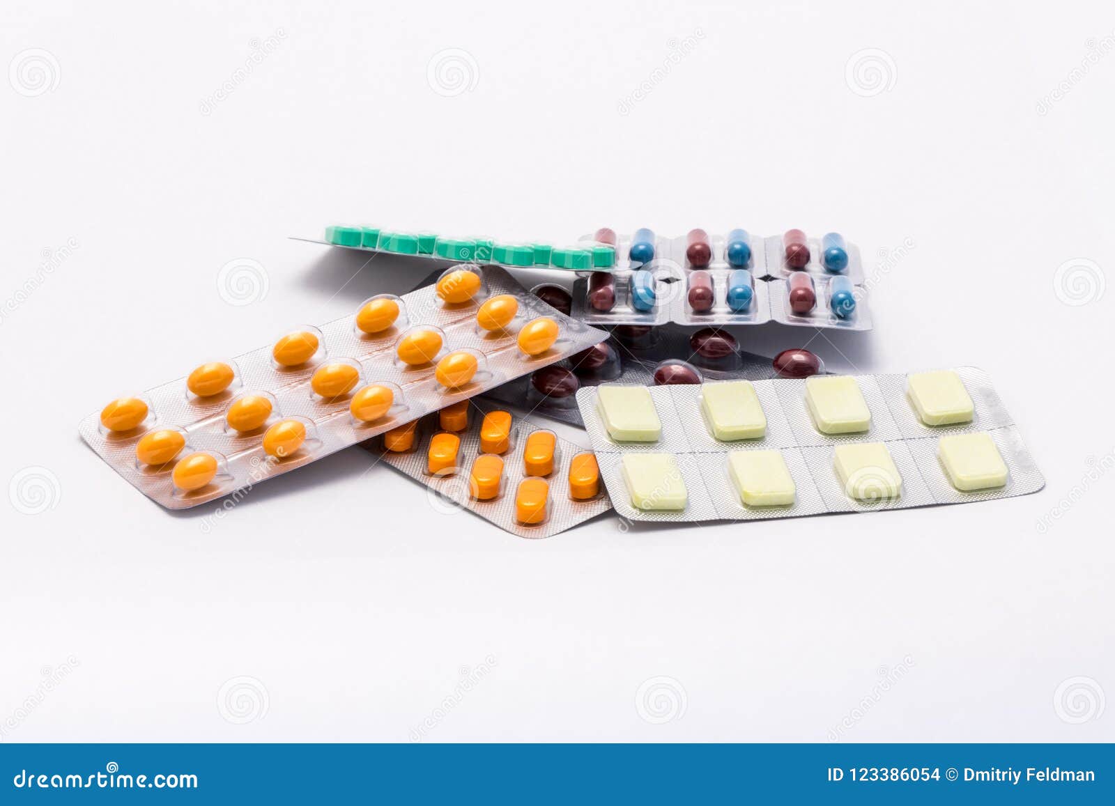 Several Full Sealed Packages with Tablets and Pills of Different Colors ...