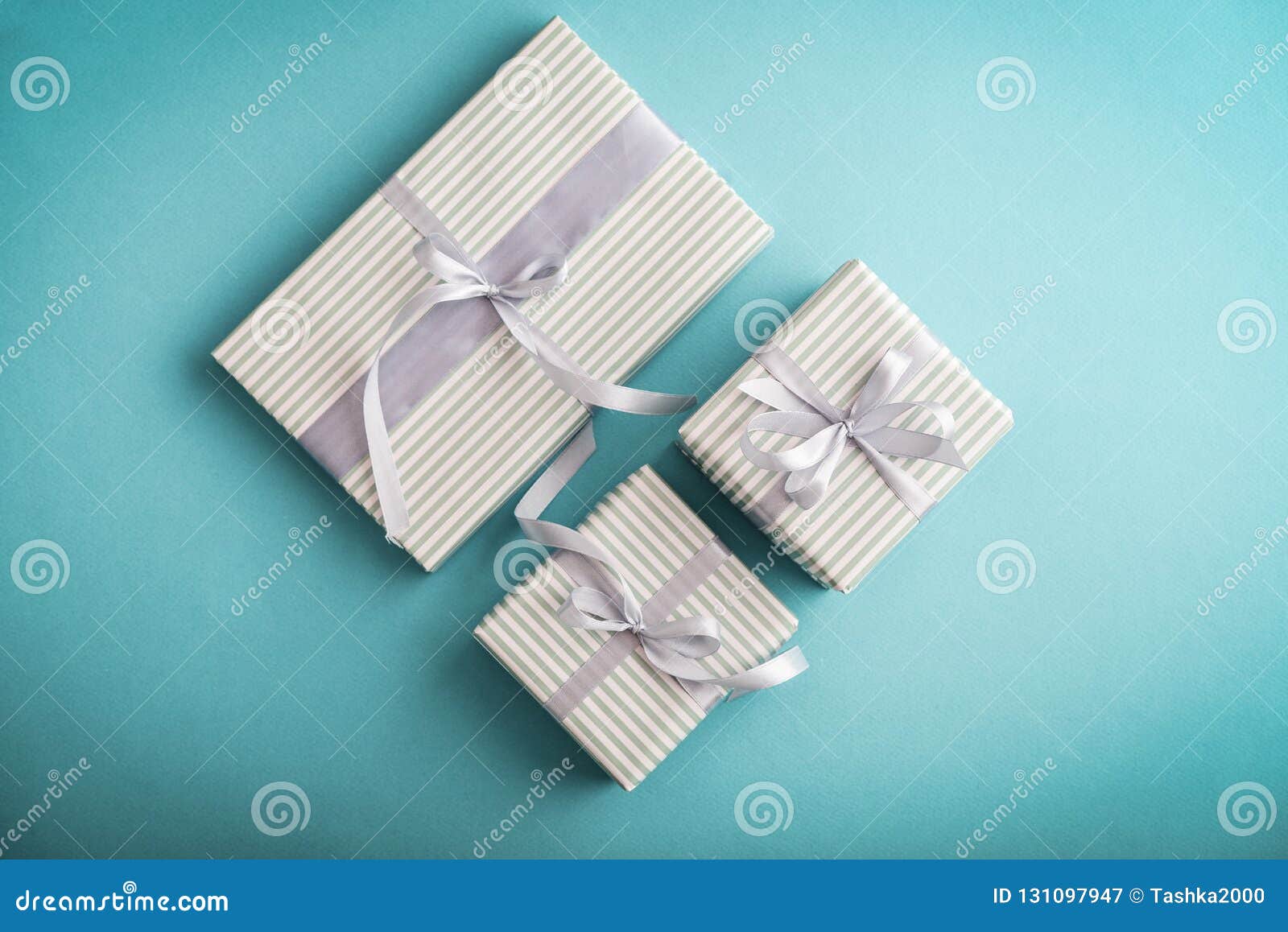 Several Gift Striped Boxes with Grey Ribbon Stock Image - Image of copy ...