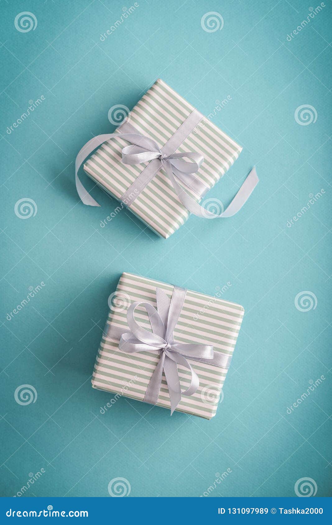 Several Gift Striped Boxes with Grey Ribbon Stock Image - Image of ...