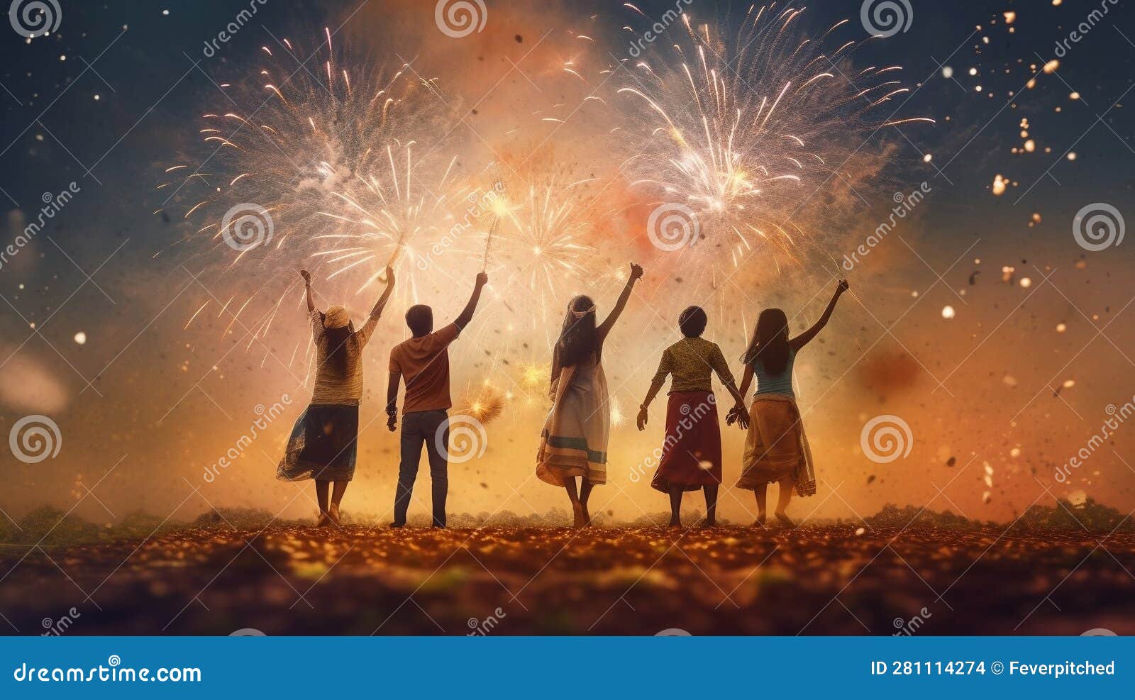 Silhouetted Indian Friends Dancing and Enjoying the Fireworks Outdoors ...