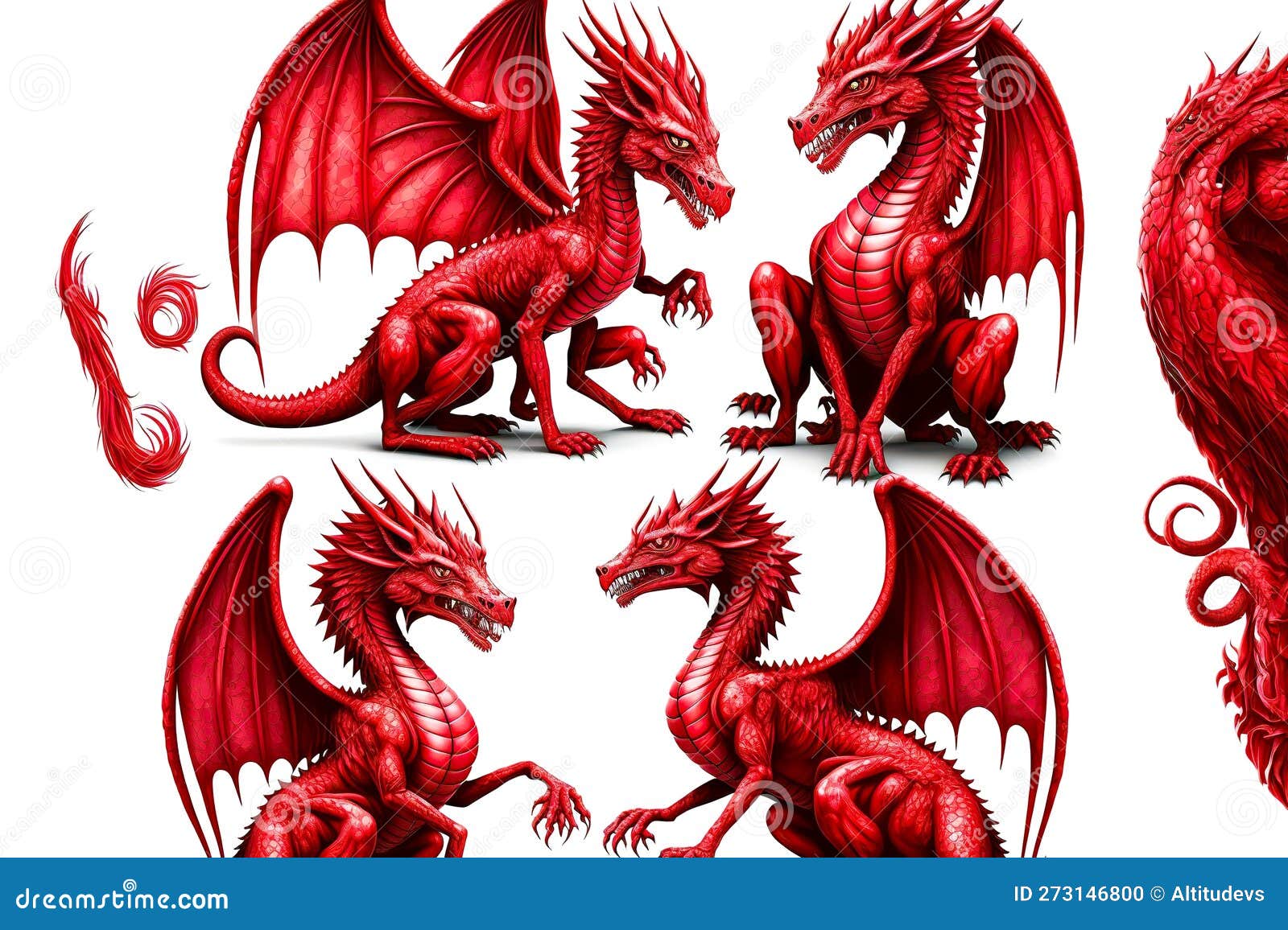 Several Individual Red Dragons Shapes are Isolated on White Background ...