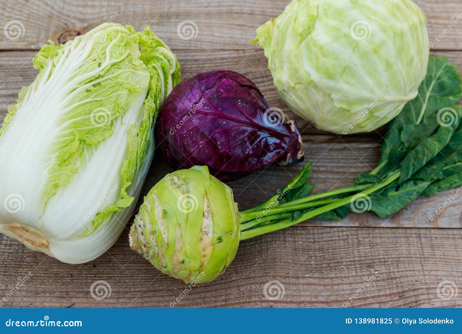 Several Kinds of Cabbage on Rustic Wooden Table. Top View Stock Image ...