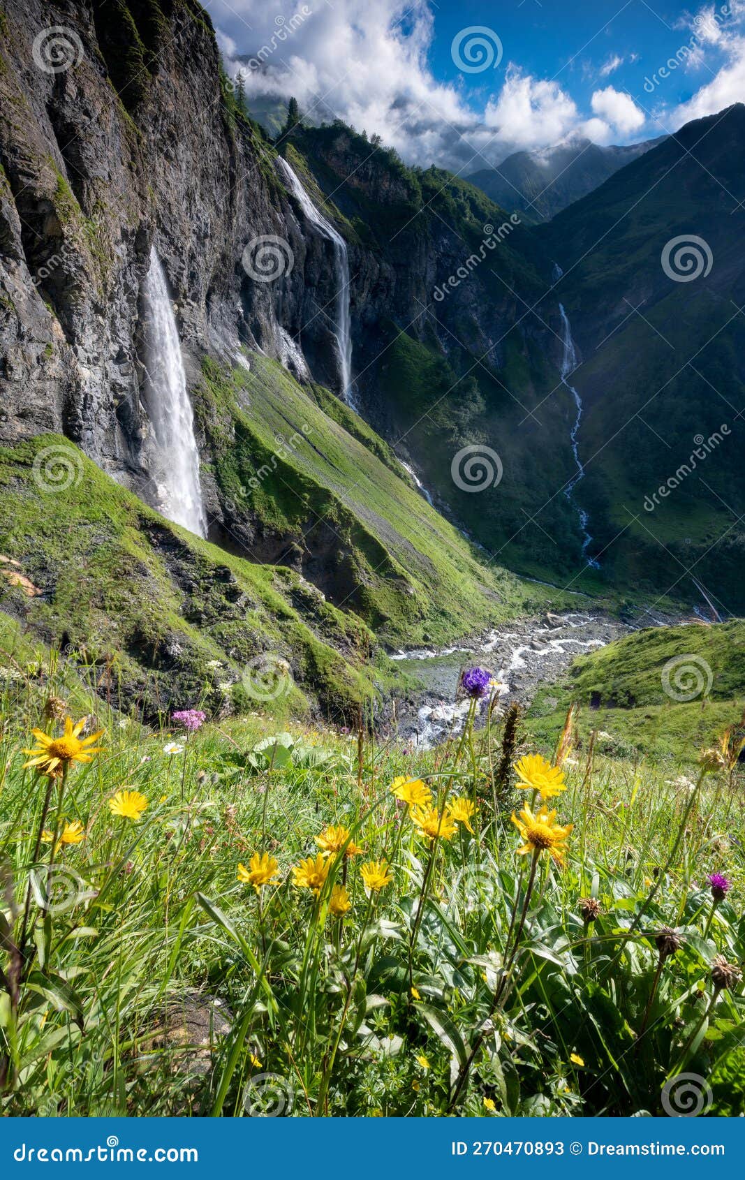 Several Large Waterfalls Falling Down a Steep Cliff Stock Image - Image ...