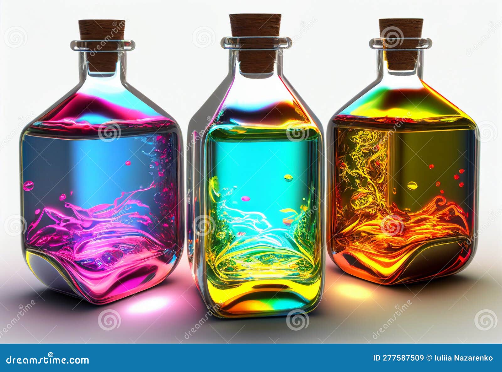 Several Medical Flasks with Glowing Multi-colored Liquid on a White ...