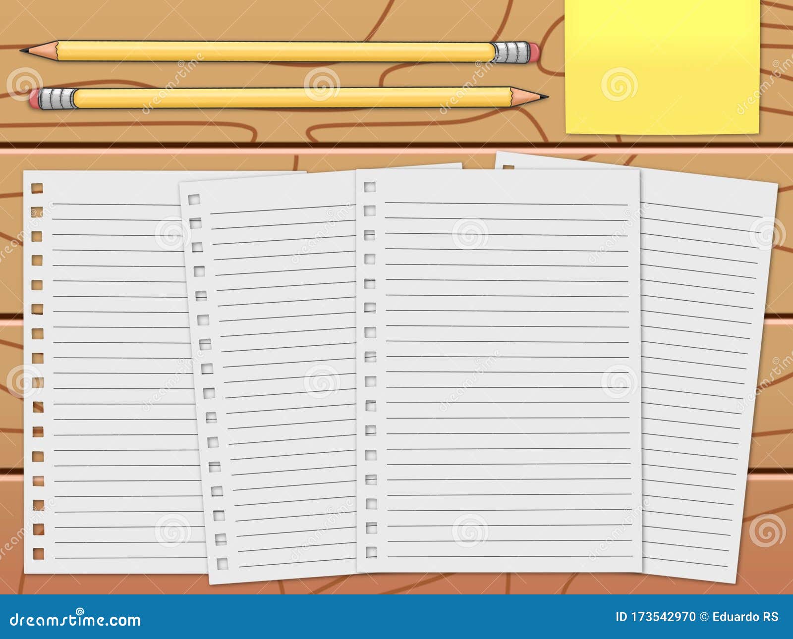 Several Messy Pages, Pencils and Notes on a Wooden Background Stock ...