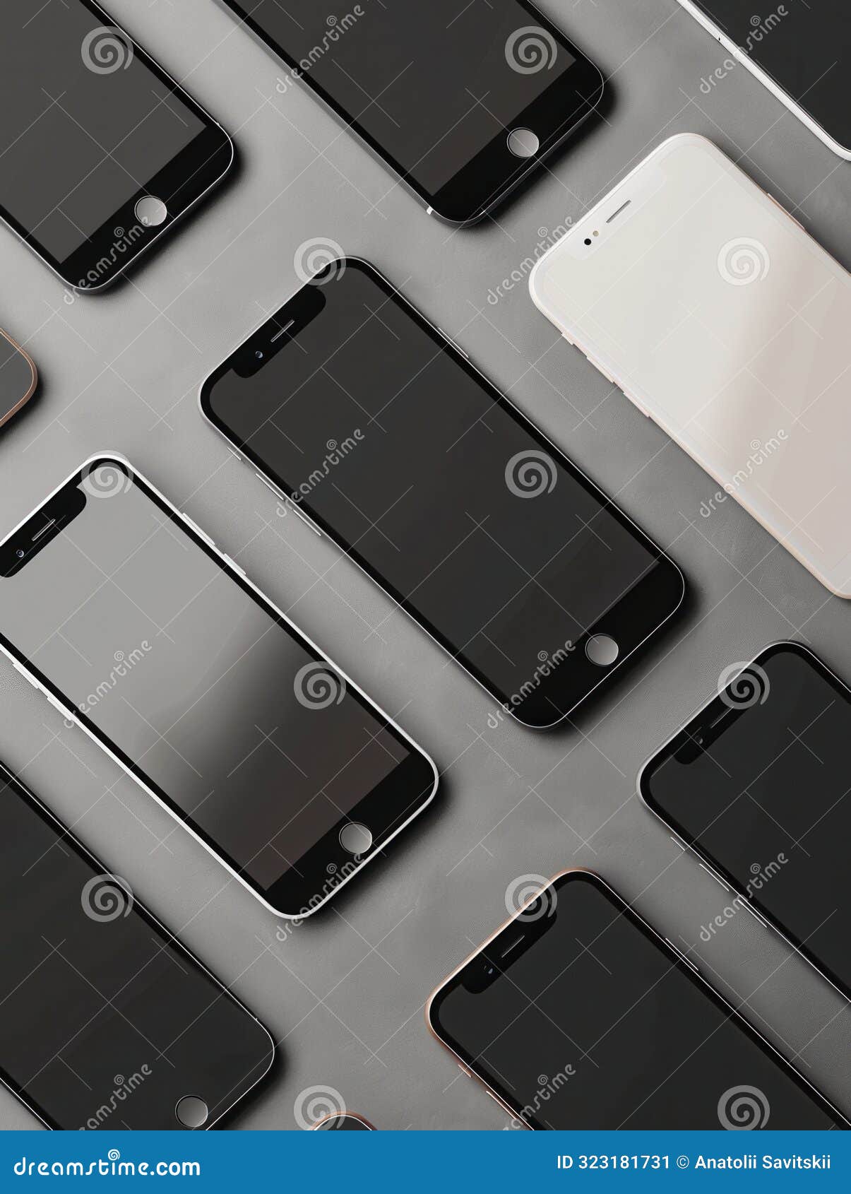 Several Modern Smartphones are Arranged at Different Angles on a Gray ...