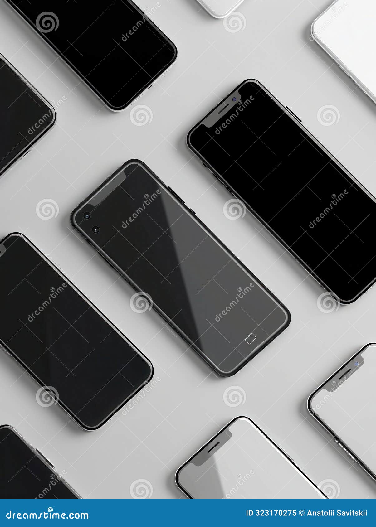 Several Modern Smartphones Arranged at Different Angles on a White ...