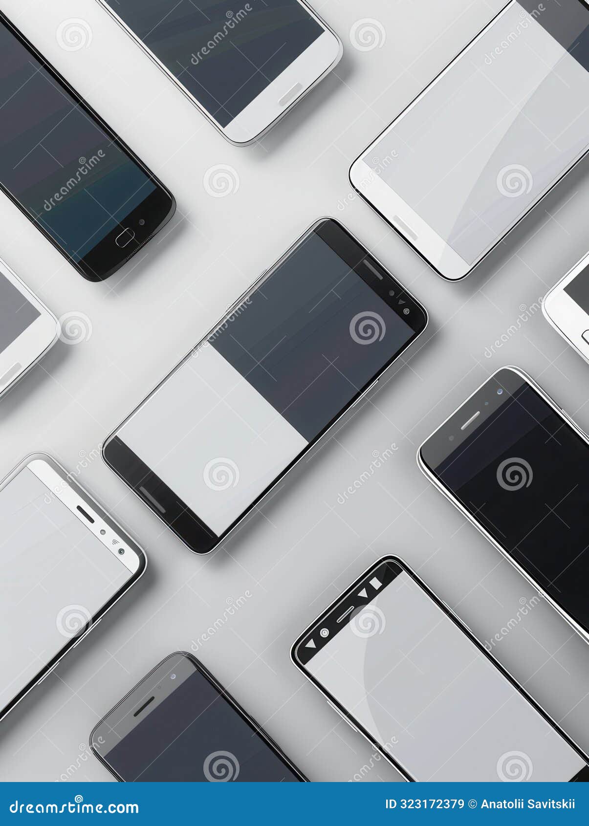 Several Modern Smartphones are Arranged in Different Angles on a White ...