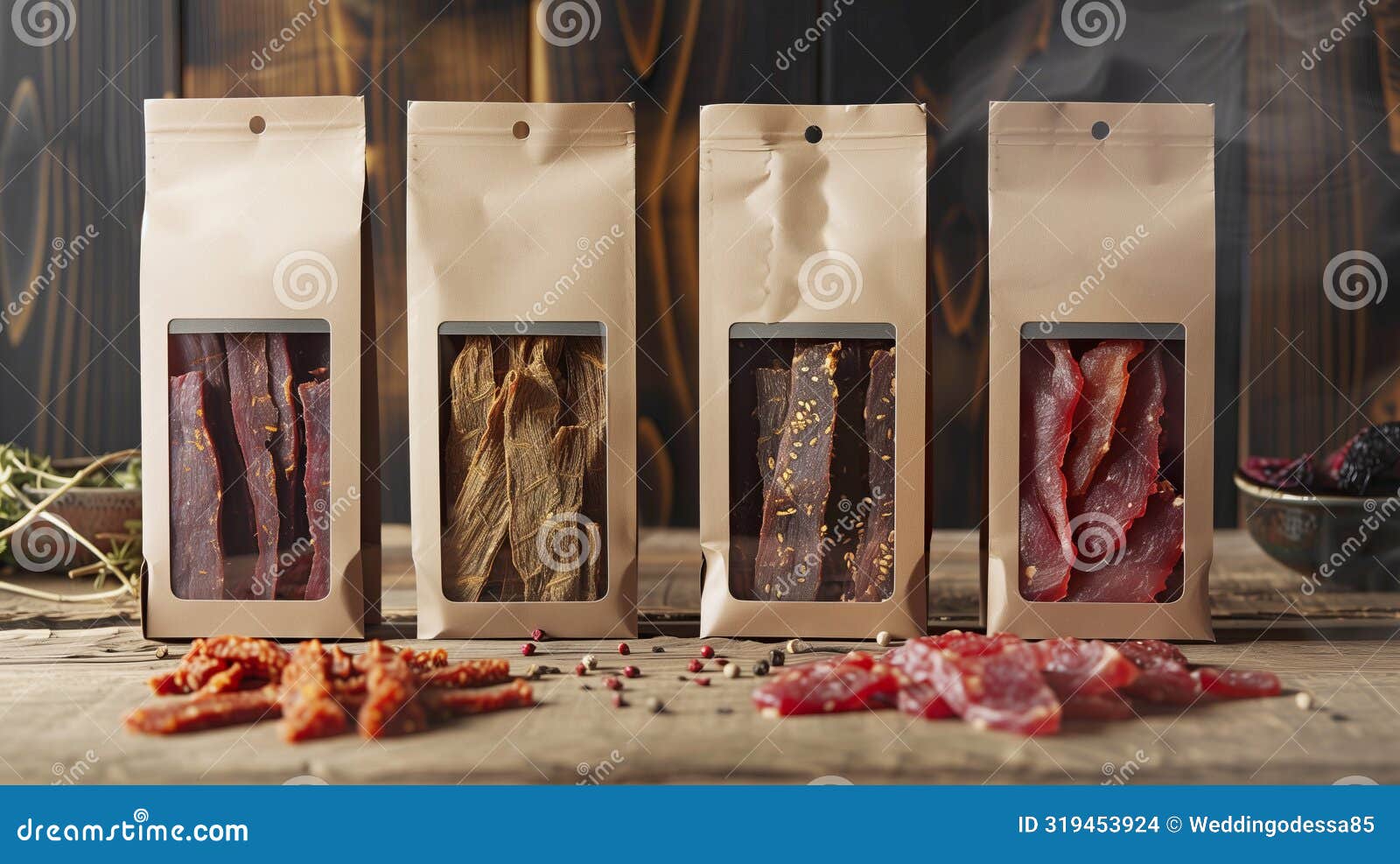 Several Paper Packages with Different Types of Dried Meats on a Wooden ...