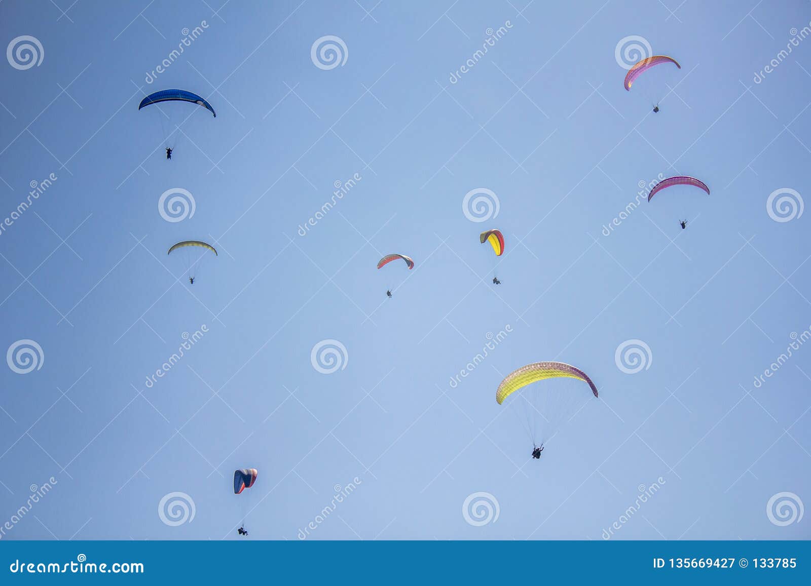 A Several Paragliders on Colorful Parachutes in a Clear Blue Sky Stock ...
