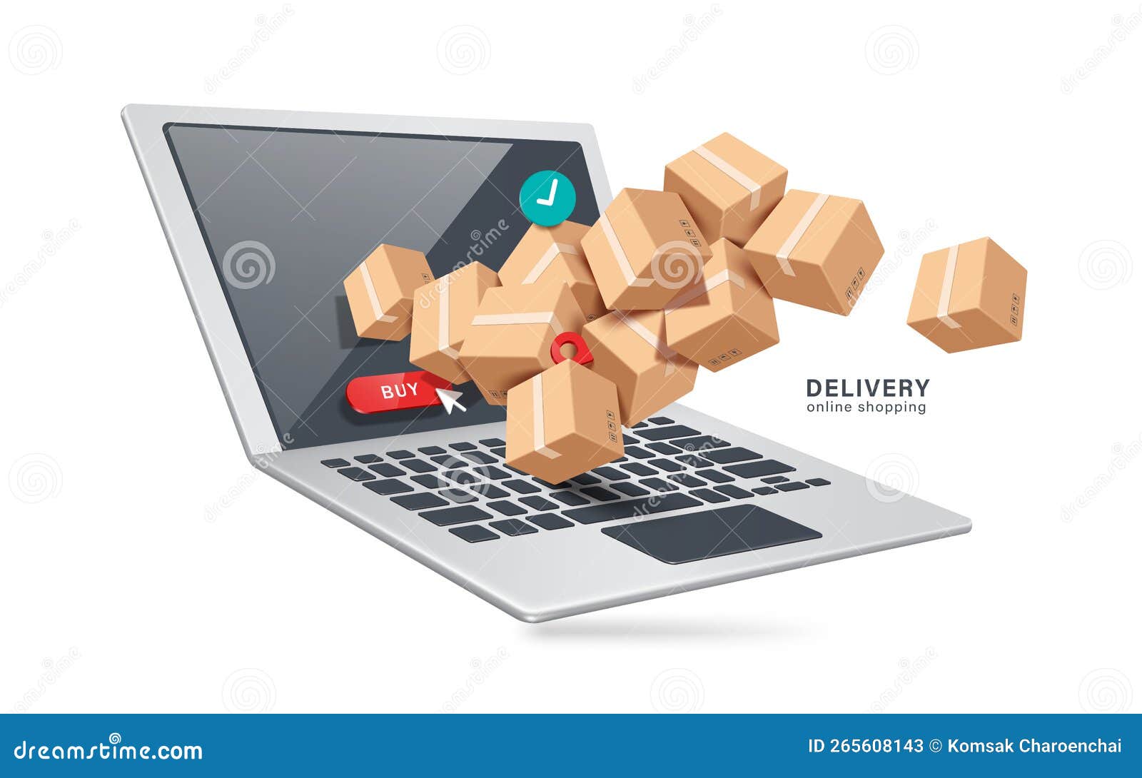 Several Parcel Boxes and Pin and Confirm Icon Fly Out of Laptop ...