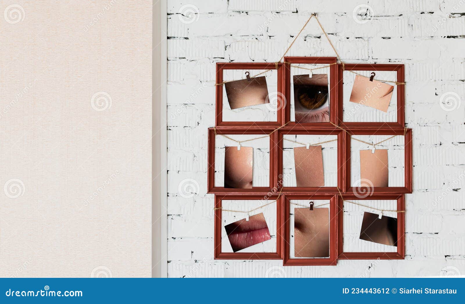 Several Photo Frames Hanging on a Decorative Wall Stock Photo - Image ...