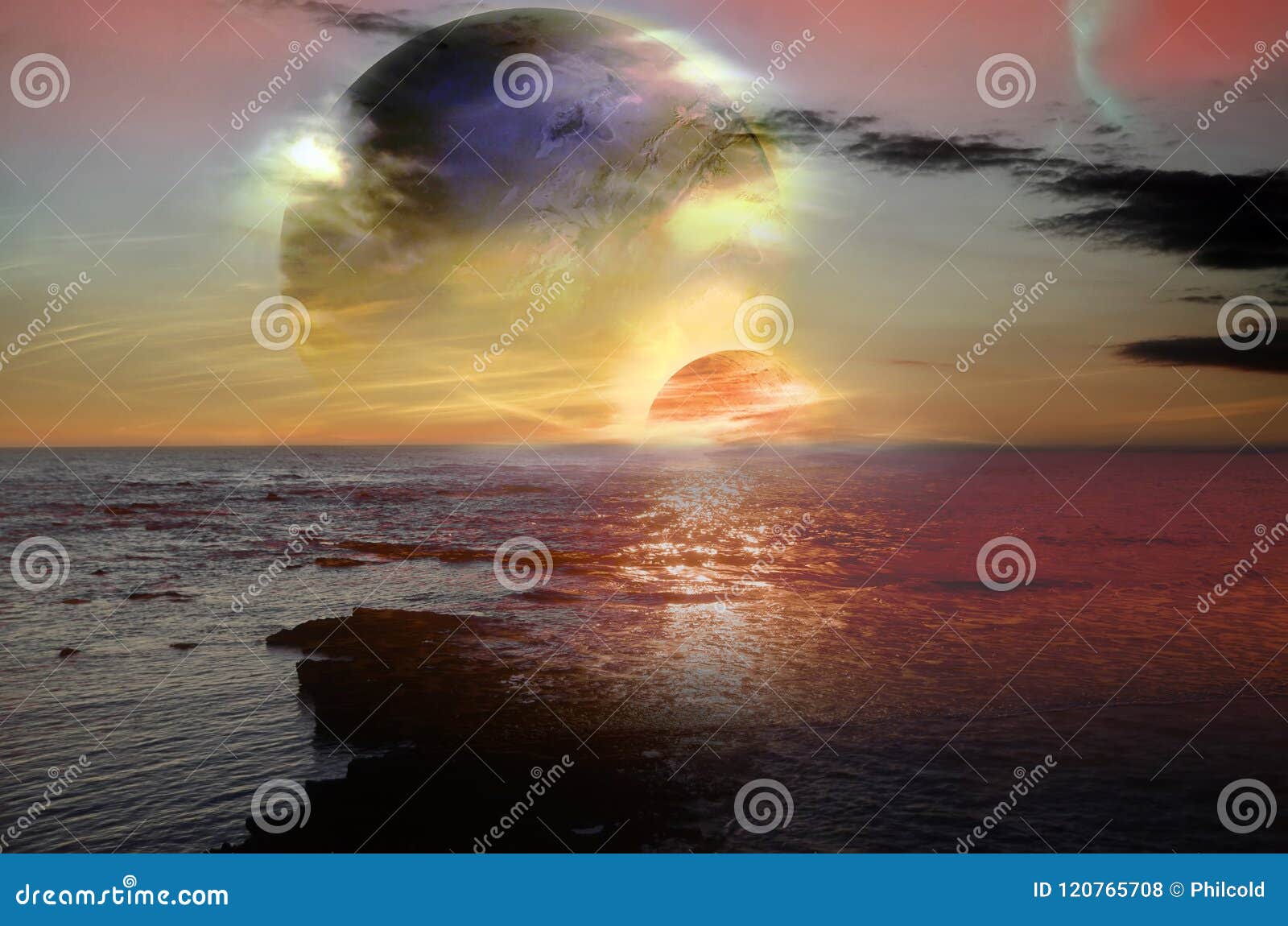 Alien landscape with ocean stock illustration. Illustration of explore ...