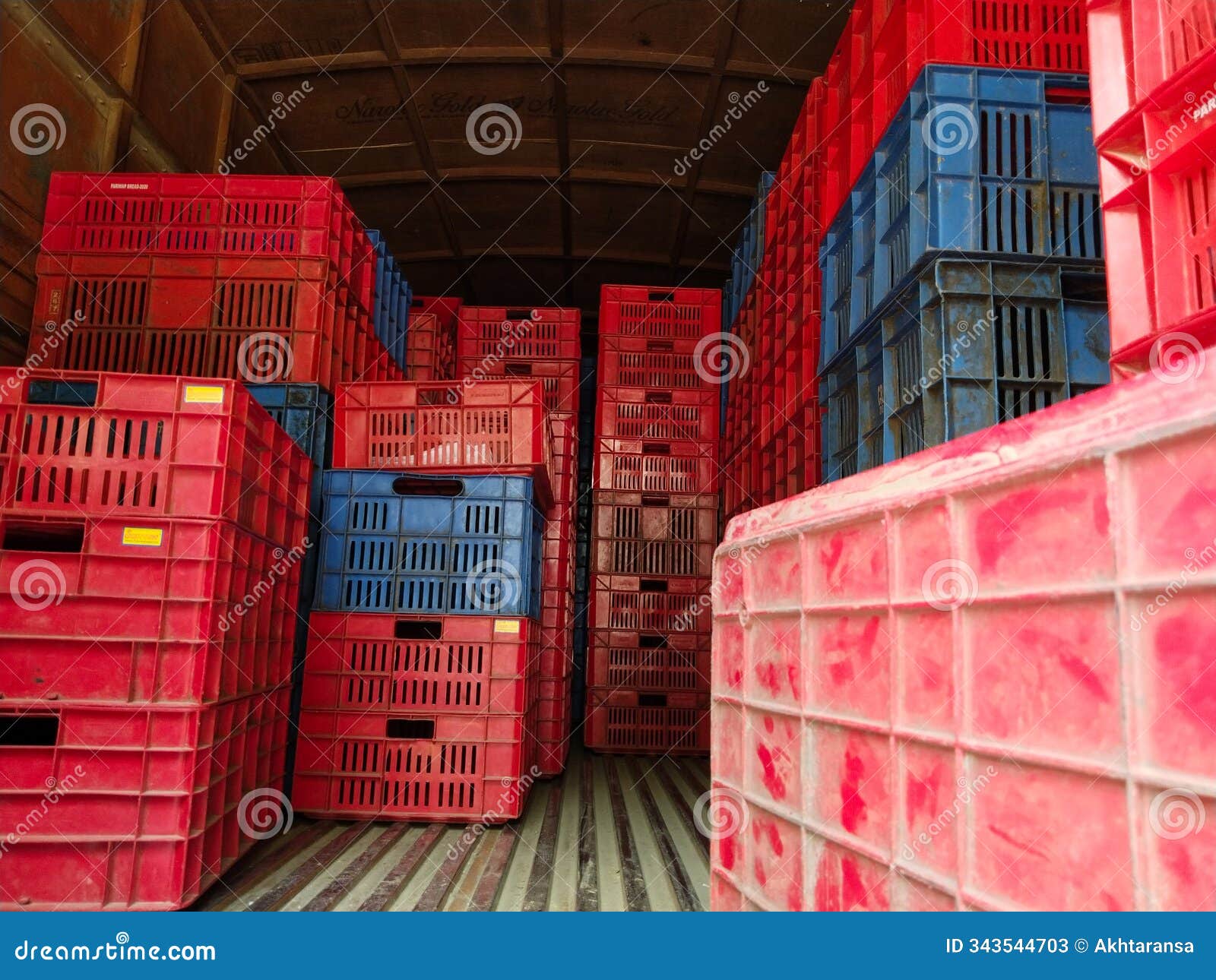 Several Plastic Crates Inside the Cargo Semitrailer. the Boxes Piled in ...