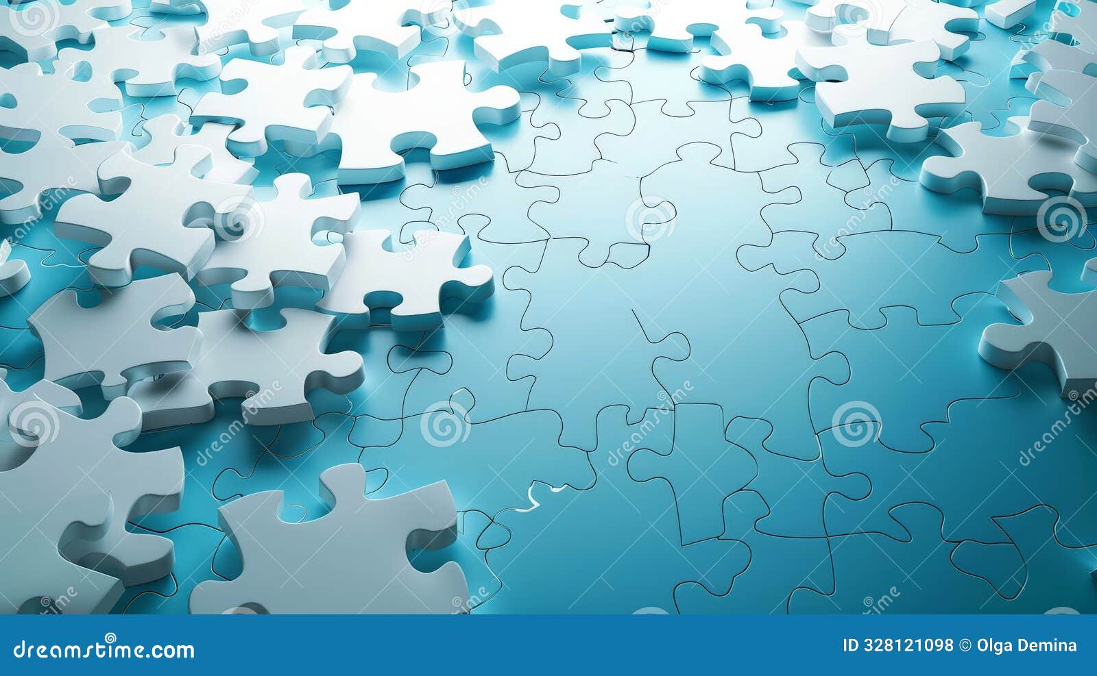 Several Puzzle Pieces Assembled on Blue Background with Empty Spaces ...