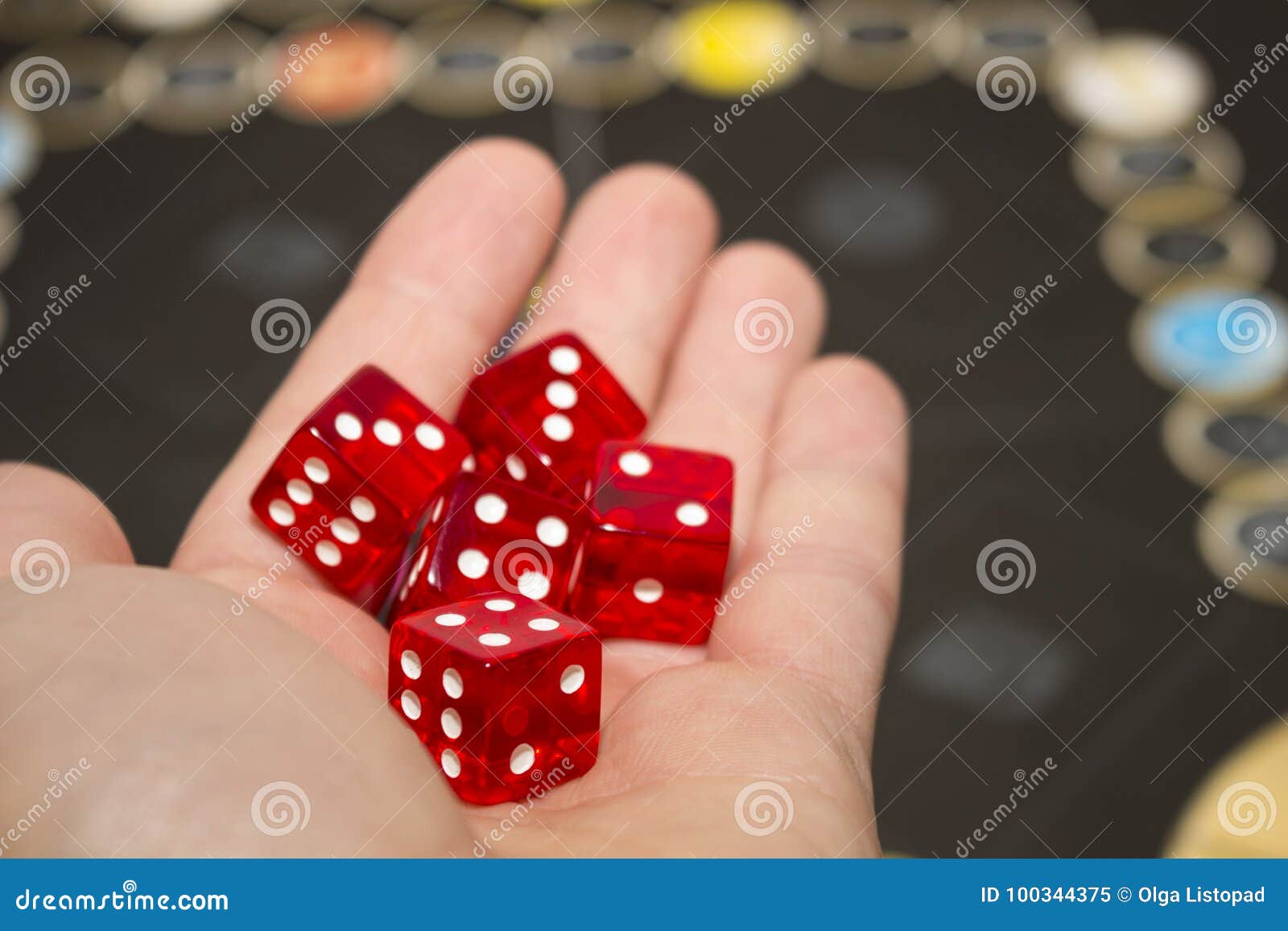 Several Rolling Red Dice Fall on a Table with Boardgame. Gameplay ...