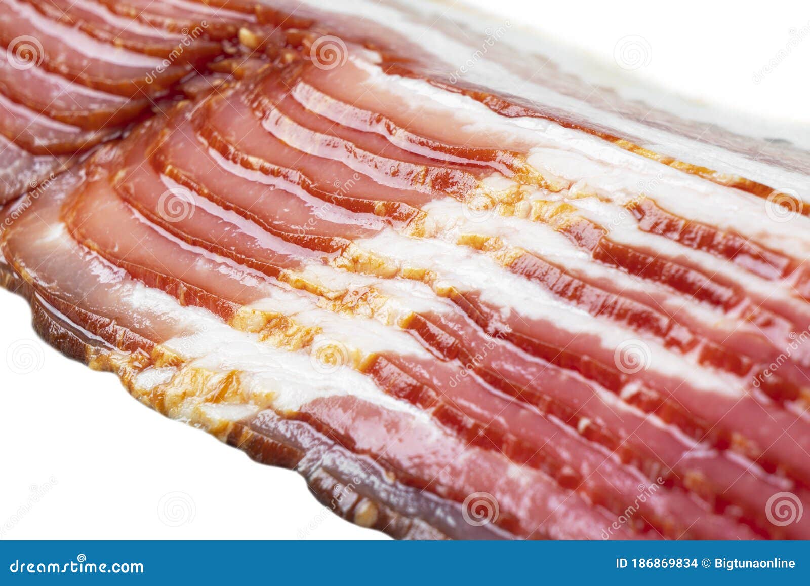 Several Rows of Sliced Smoked Bacon Isolated on White Background. Fresh ...