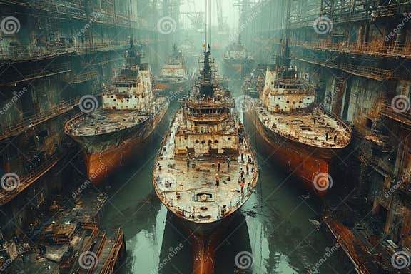 Several Rusty Ships Under Construction in a Shipyard with Workers on ...