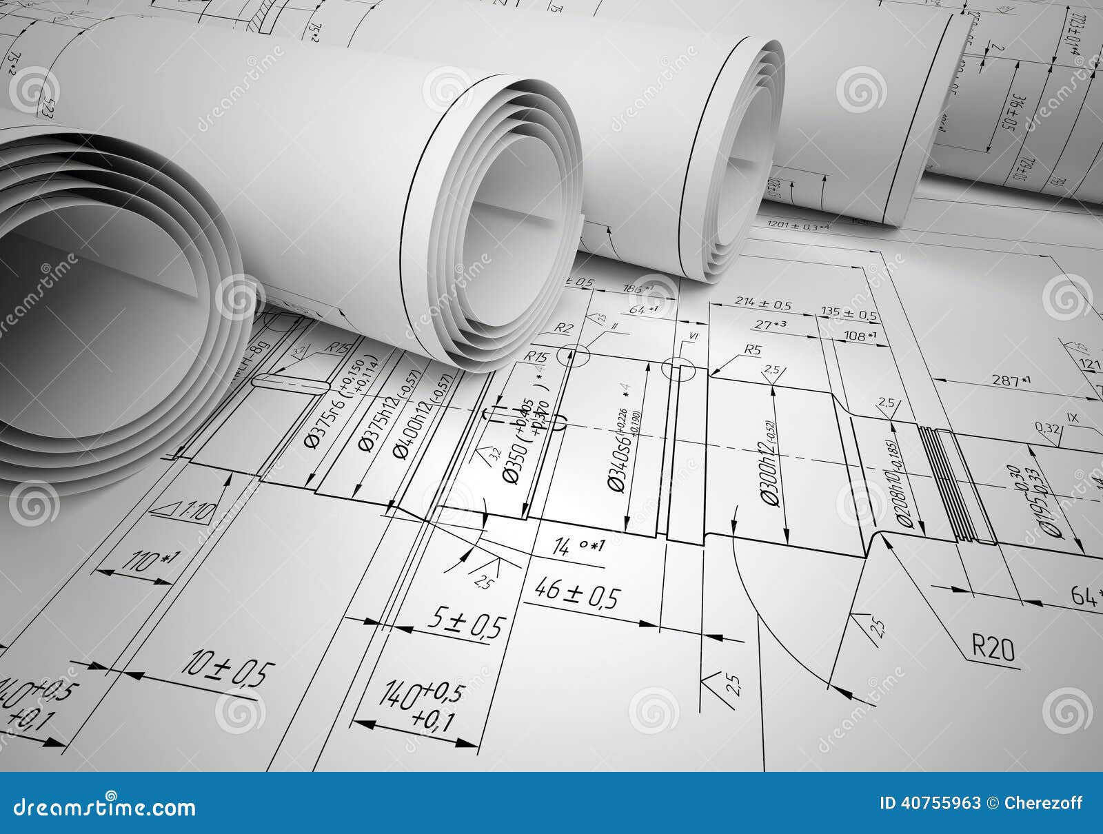 Scrolls Of Engineering Drawings. Render On A White Back Stock ...