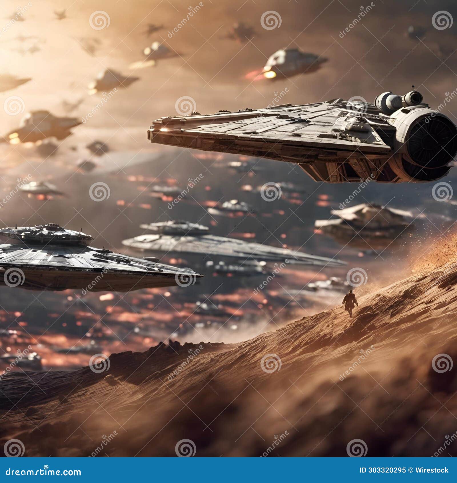 Several Ships in Formation in an Alien World, with a Background of Sand ...