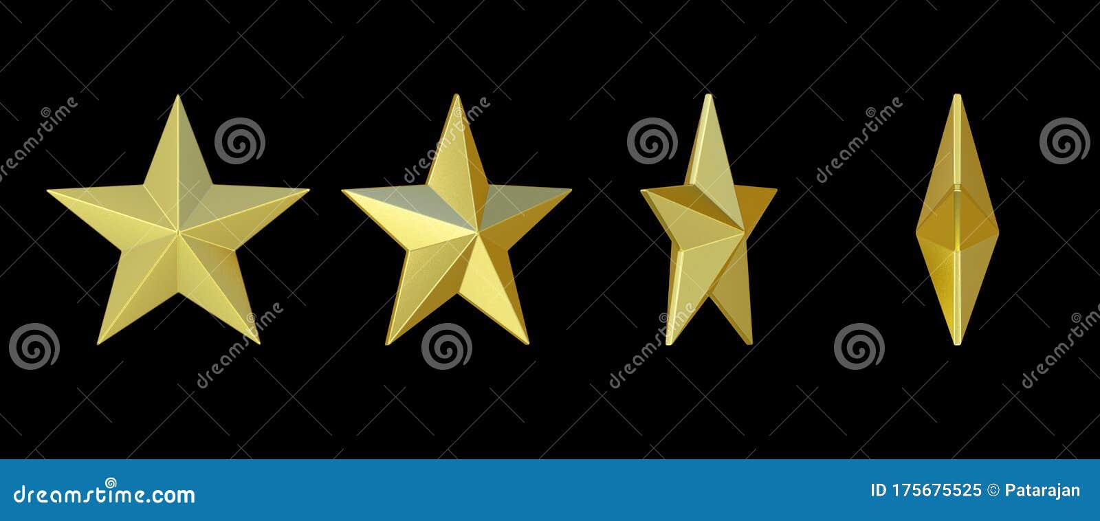 3d Rendering. Several Side View of Golden Star with Clipping Path ...