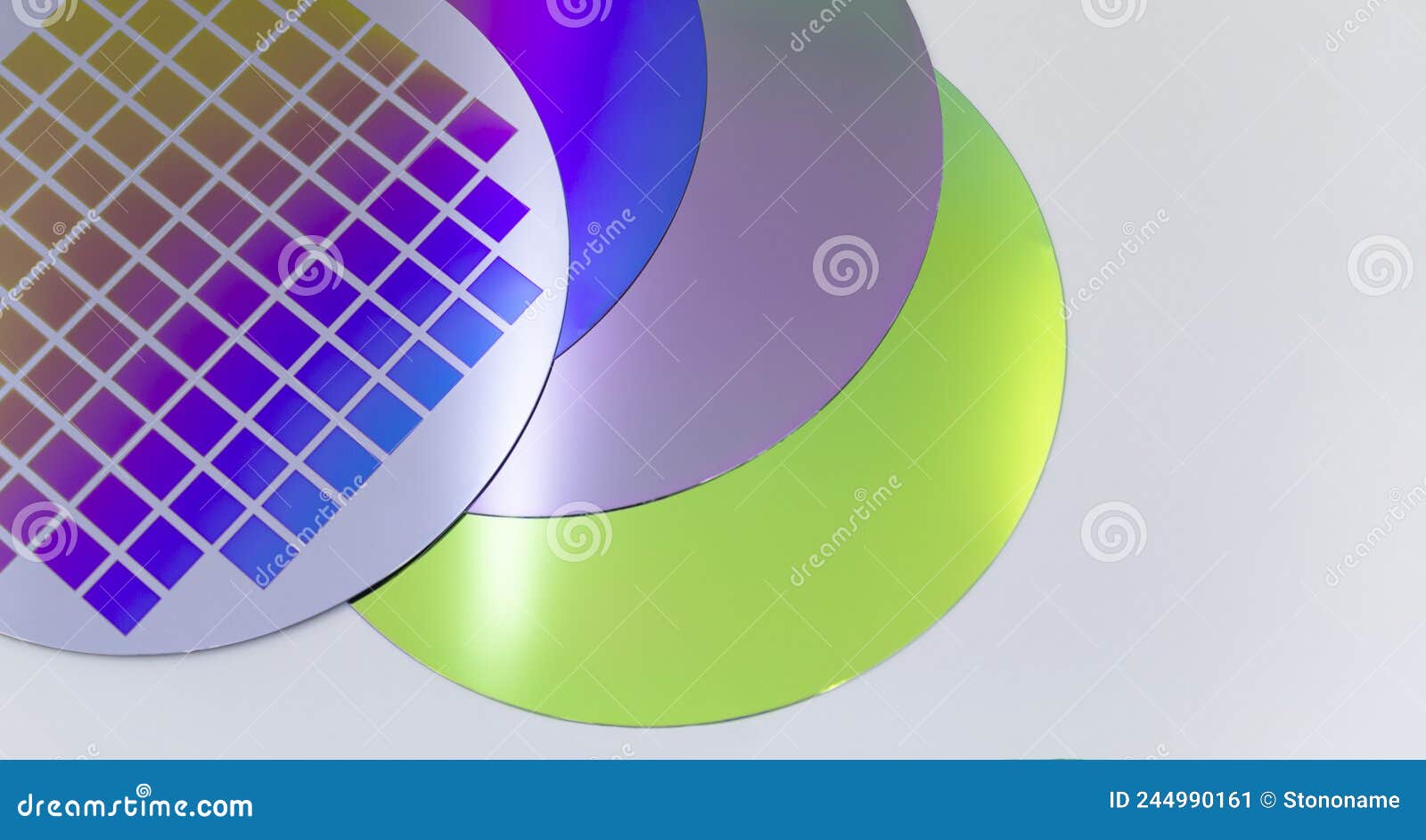 Several Silicon Wafers with Printed Circuit and Different Color.White ...