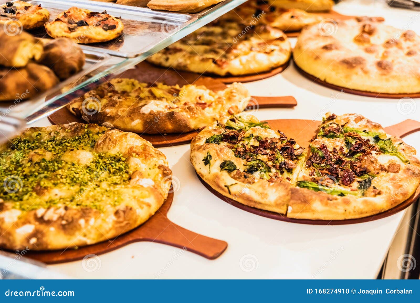Several Small Italian Style Pizzas in a Street Stall Stock Photo ...