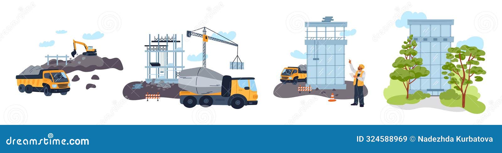 Several Stages of Building Construction. Digging Pit with Excavator ...