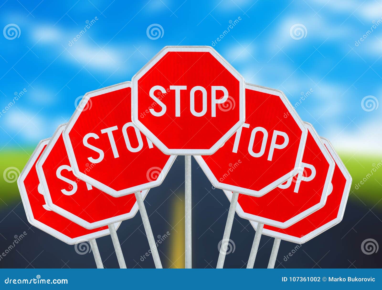 Several STOP Sign on Blurred Road Stock Photo - Image of board ...