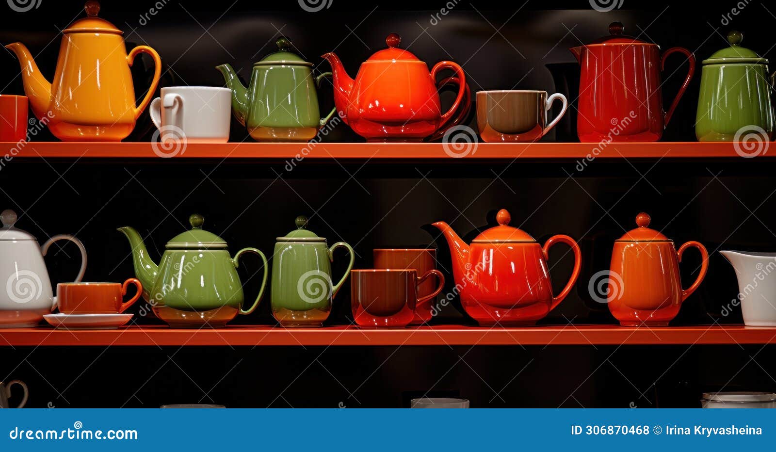 Several Tea Pots and Cups on a Counter with Tiled Shelves Stock Photo ...