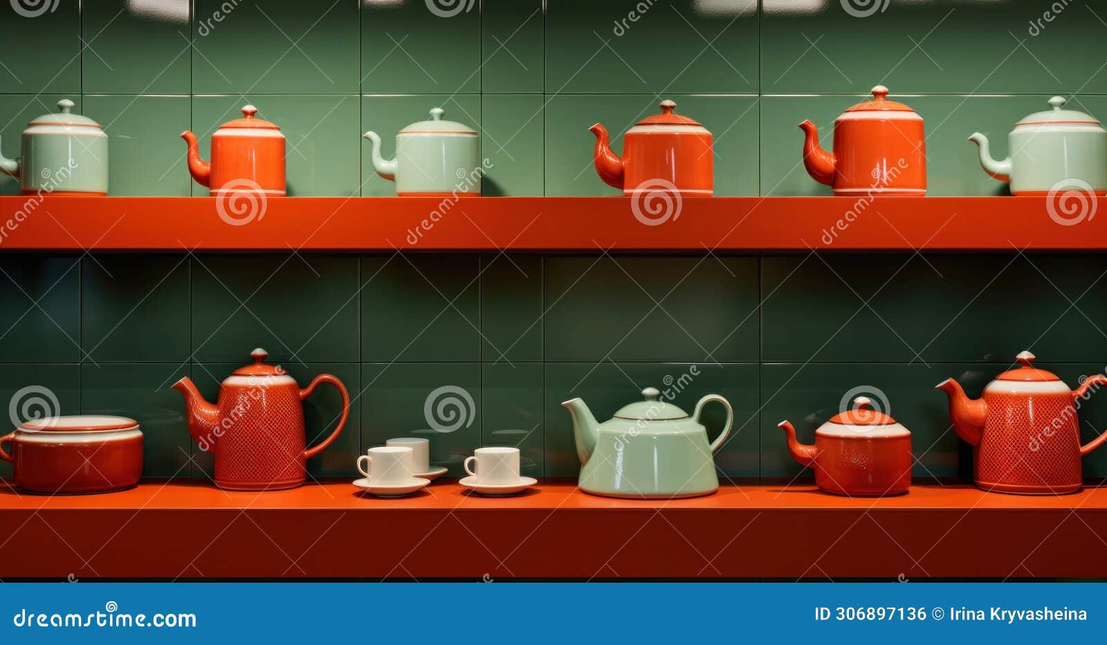 Several Tea Pots and Cups on a Counter with Tiled Shelves Stock Photo ...